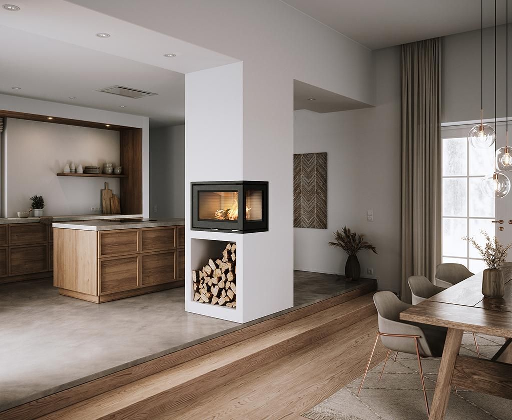 See-Through Fireplace - Scandinavian Contemporary Tunnel Fireplace